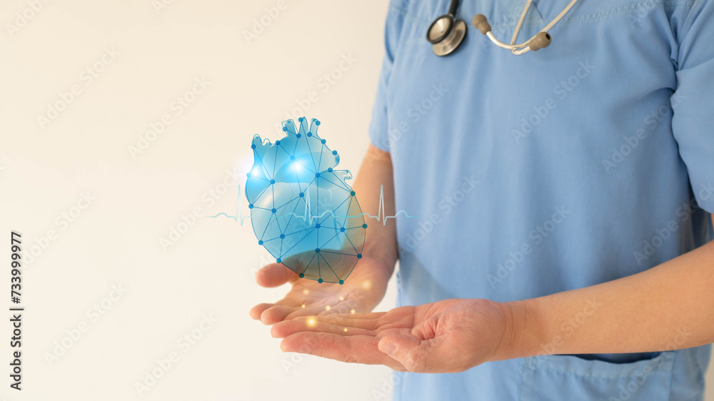 Cardiologist doctor check up heart organ with EKG hologram. Medical ...