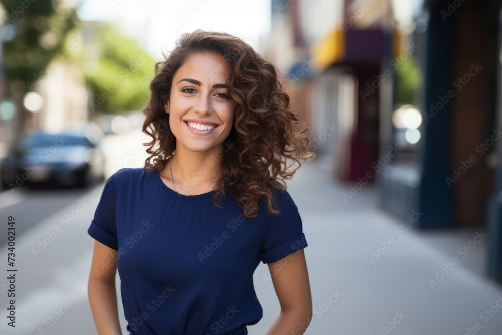 A bold and beautiful woman in a navy polo shirt, standing confidently ...