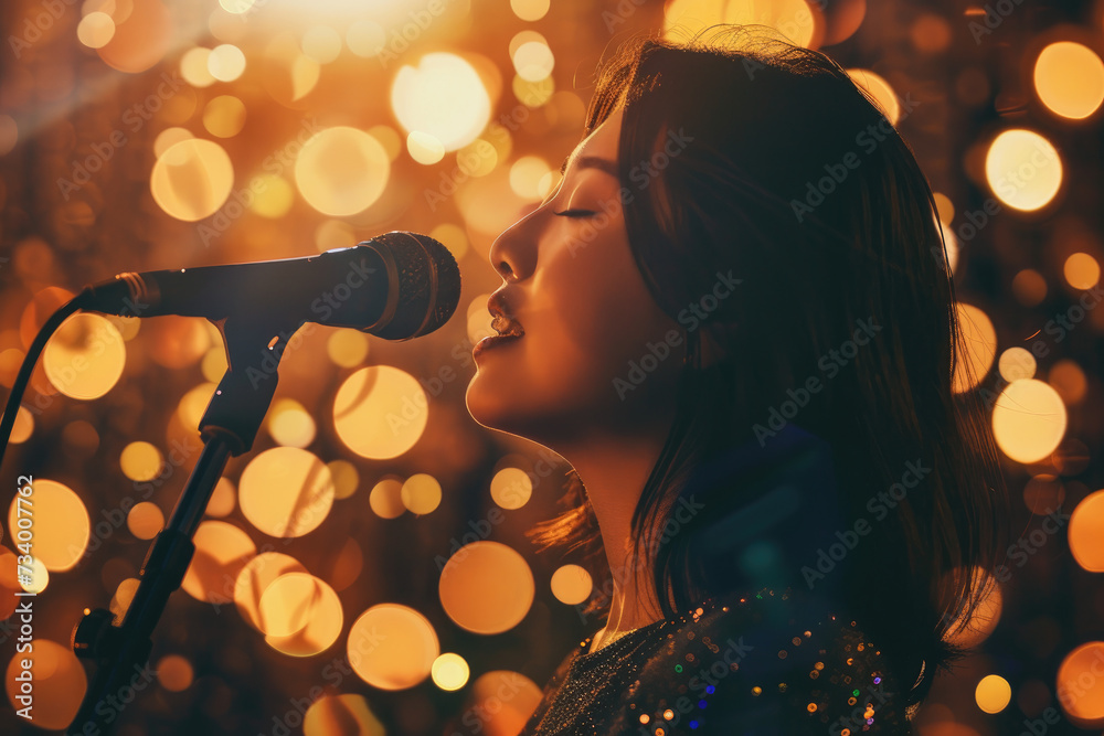 Beautiful female singer sings on stage in golden bokeh lights Photos ...