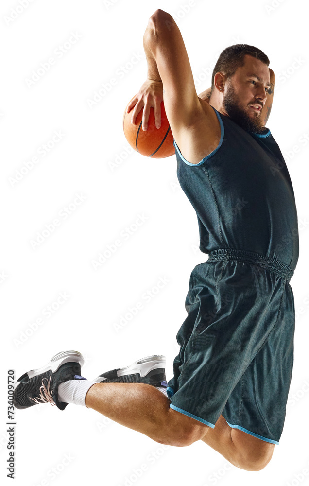 Full length portrait of basketball athlete demonstrating strength while ...