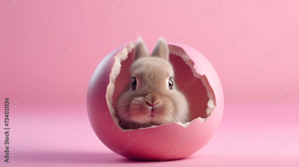 Cute Easter bunny hatching from pink Easter egg isolated on pastel pink ...