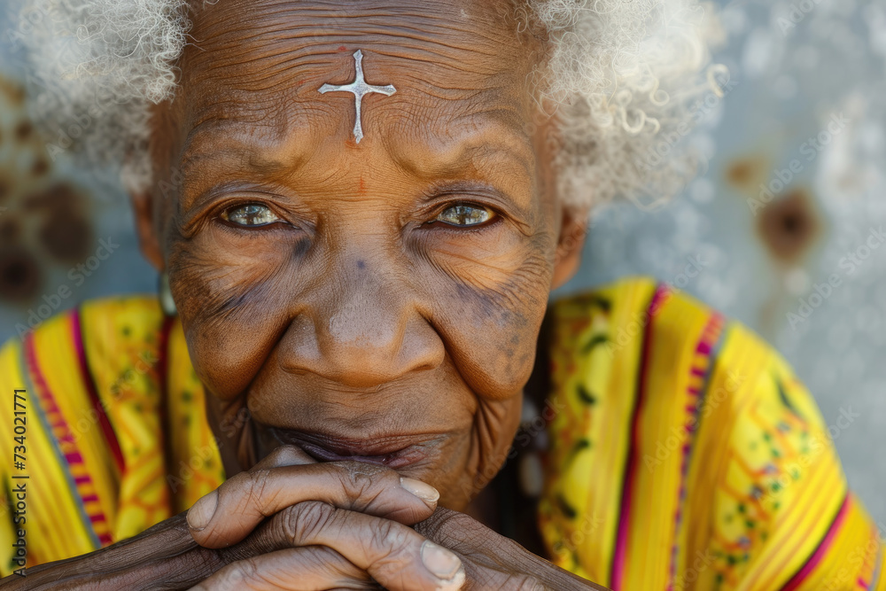 Elderly multiracial woman with an ashen cross on her forehead Stock ...