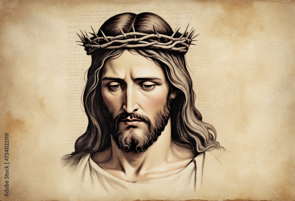 Religious artwork of Jesus wearing a crown of thorns on vintage paper ...