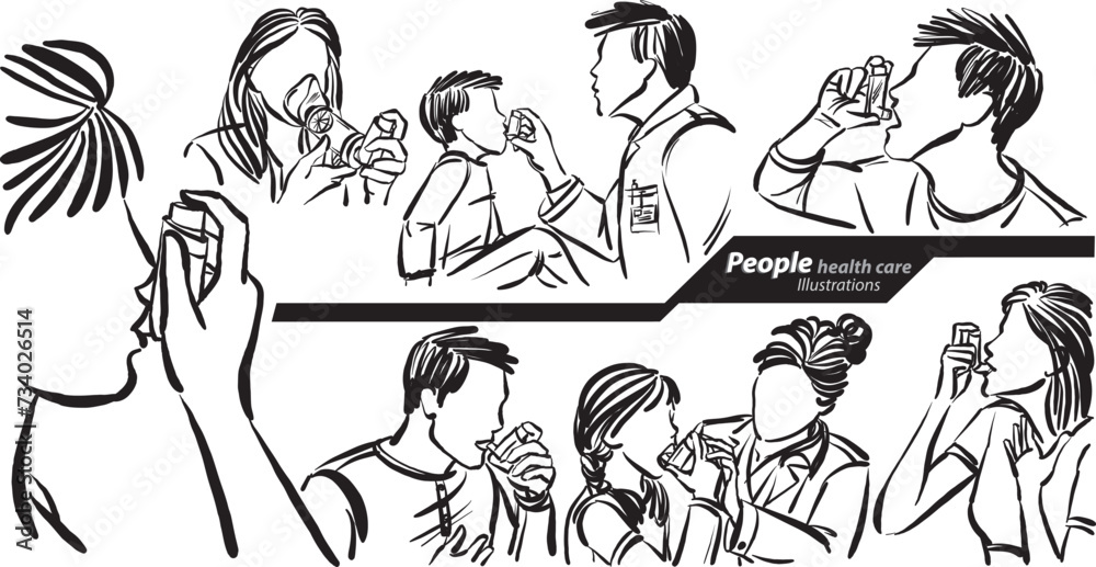 people using respiratory inhaler health care lungs sickness doodle ...