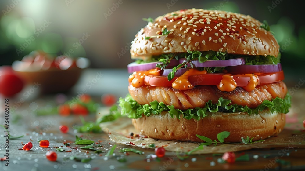 perfect fish burger in a freshly baked bun and seared salmon with ...