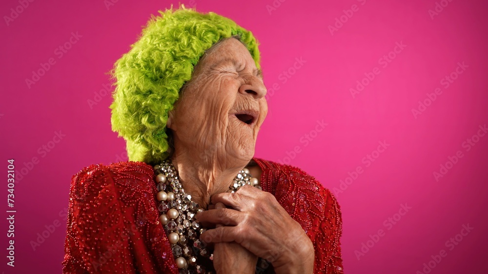 Surprised, happy, funny crazy elderly mature woman with no teeth, 80s ...