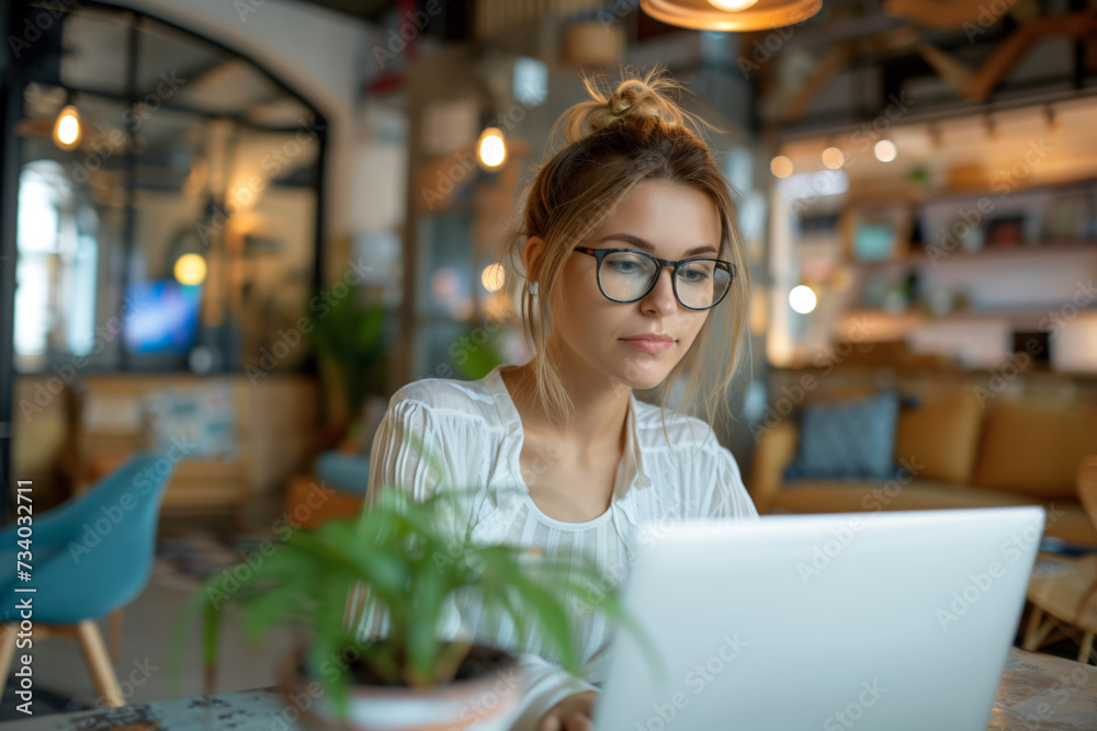 Young blonde woman concentrating on laptop at a modern coworking ...