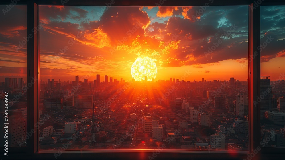 Explosion and fiery destruction in urban areas. View from the window of ...
