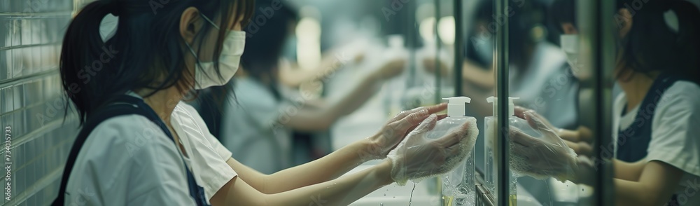 Futuristic automated hand washing station illuminated by neon lights ...