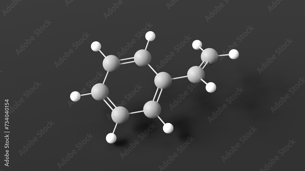 styrene molecular structure, precursor polystyrene, ball and stick 3d ...