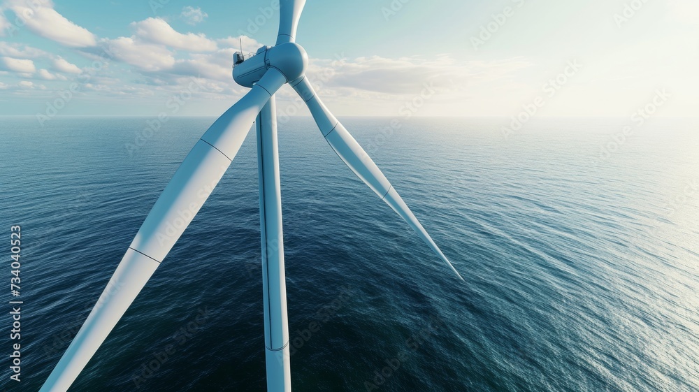 The expansive blades of an offshore wind turbine capture the ...