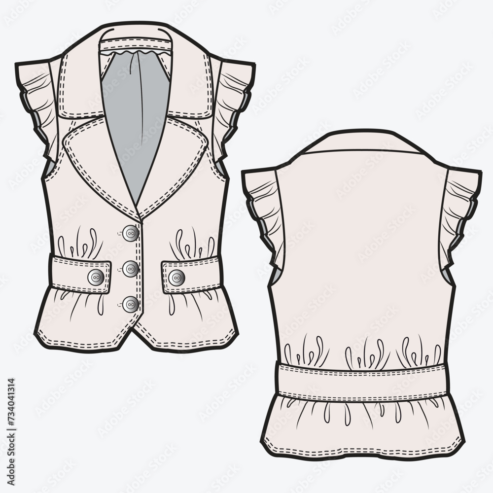 Vetor de Waistcoat for girls front and back view flat sketch vector ...