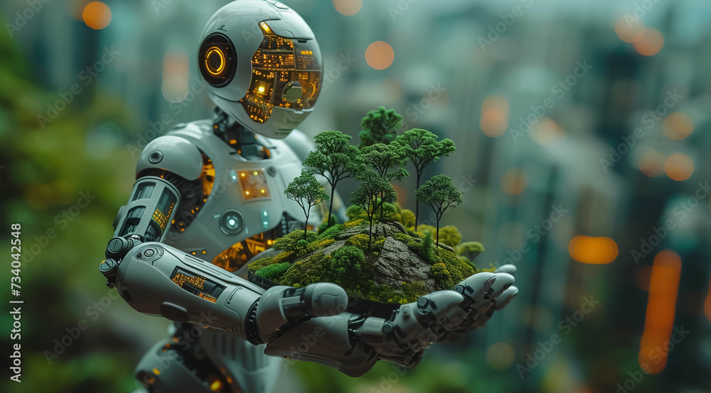 A smart robots hand holds a small virtual world model with trees ...