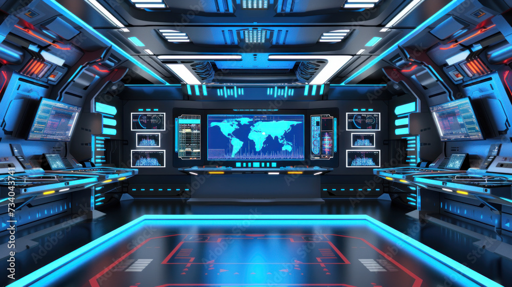 Interior of a global surveillance command center with displays and ...