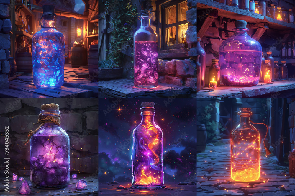 Collection of six fantasy potion bottles with cosmic and fiery motifs ...