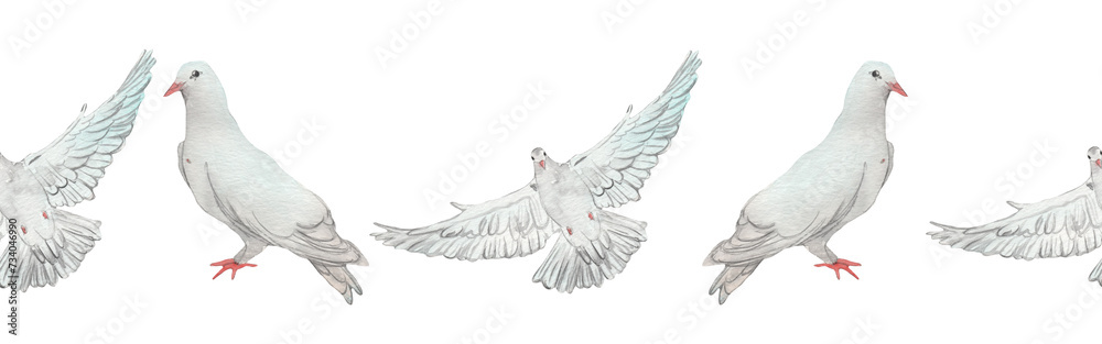 Watercolor birds flying pigeons border. Birds seamless border. Hand ...
