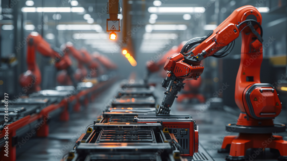 Row of identical red industrial robots is shown in perfect ...