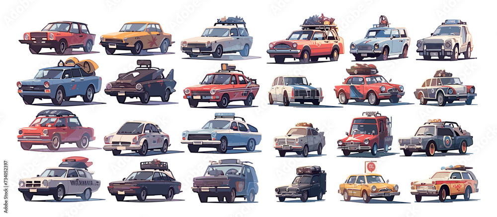 Cars cartoon set. Automobiles in hand drawn style, retro auto transport ...
