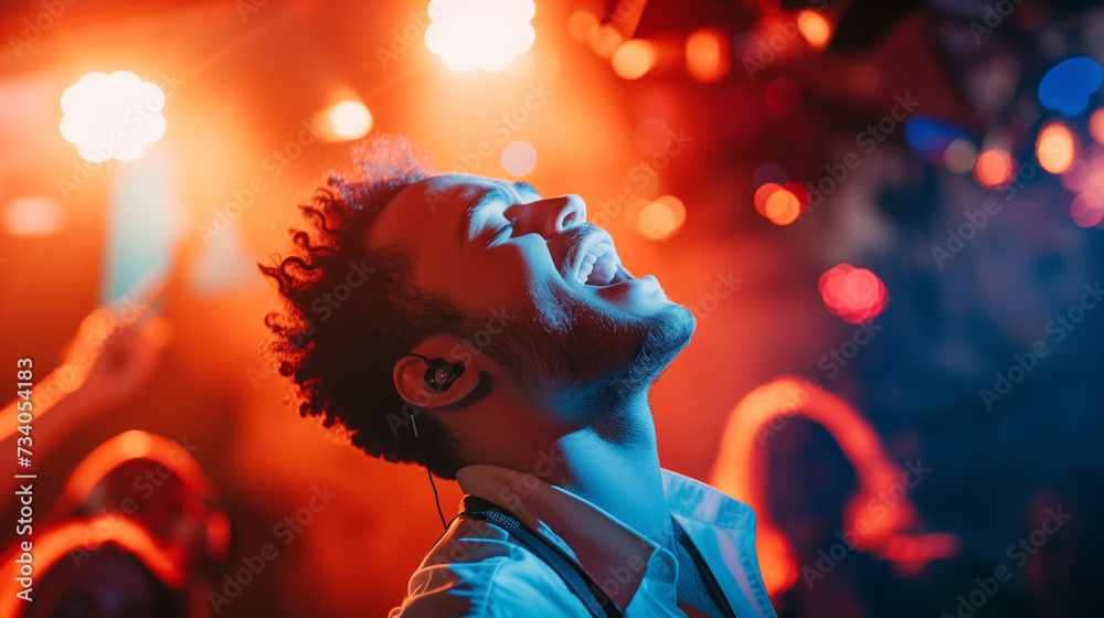 Passionate Solo Performer at a Karaoke Bar - Spotlight Focusing on a ...