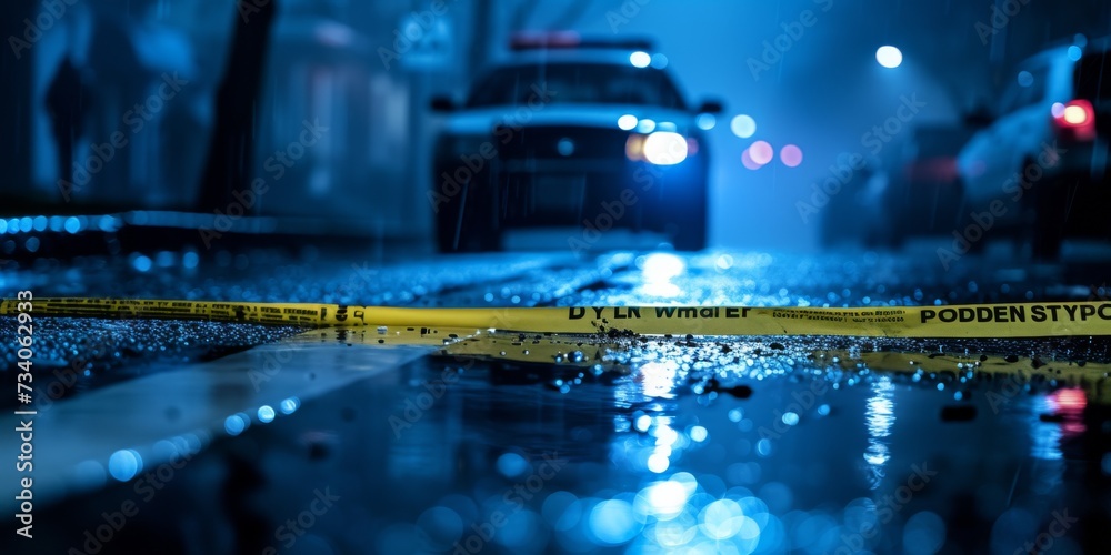 Csi Team Investigates Murder At A Crime Scene, With Police Car Blurred ...
