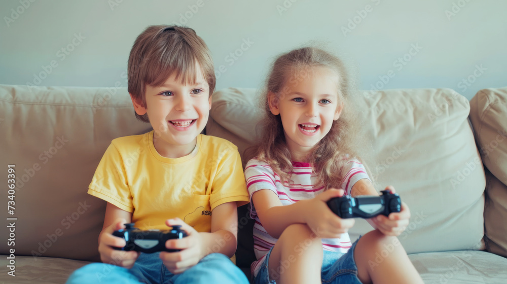Addicted to new technology game, Boy and girl playing video game ...