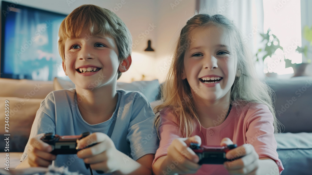 Addicted to new technology game, Boy and girl playing video game ...