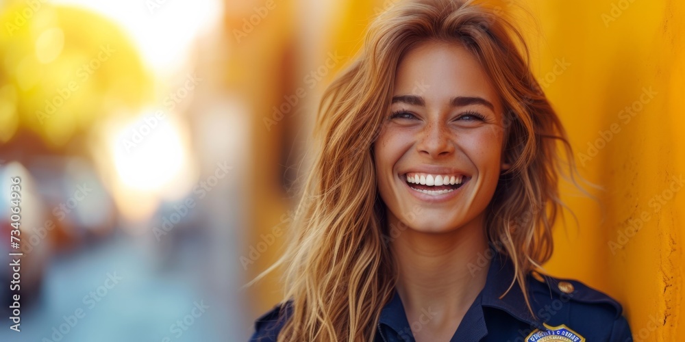 Cheerful Female Police Officer Captured In A Genuine And Delighted ...