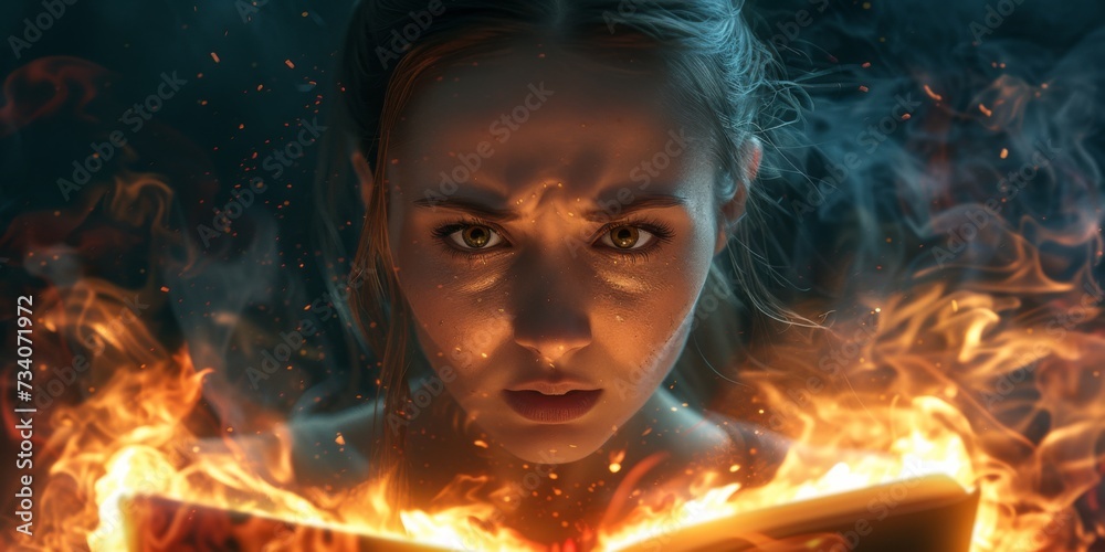 The Terrified Woman Discovers A Book Consumed By Flames. Concept ... The Terrified Woman Discovers A Book Consumed By Flames. Concept ...