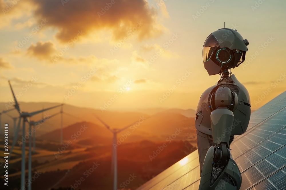 A lone robot stands atop a rooftop, gazing at the majestic wind ...