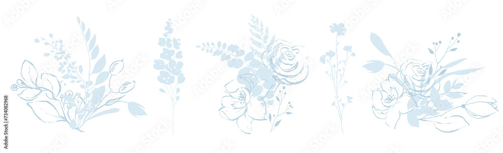 Simple outline blue floral clipart. Leaves and flowers sketch ...
