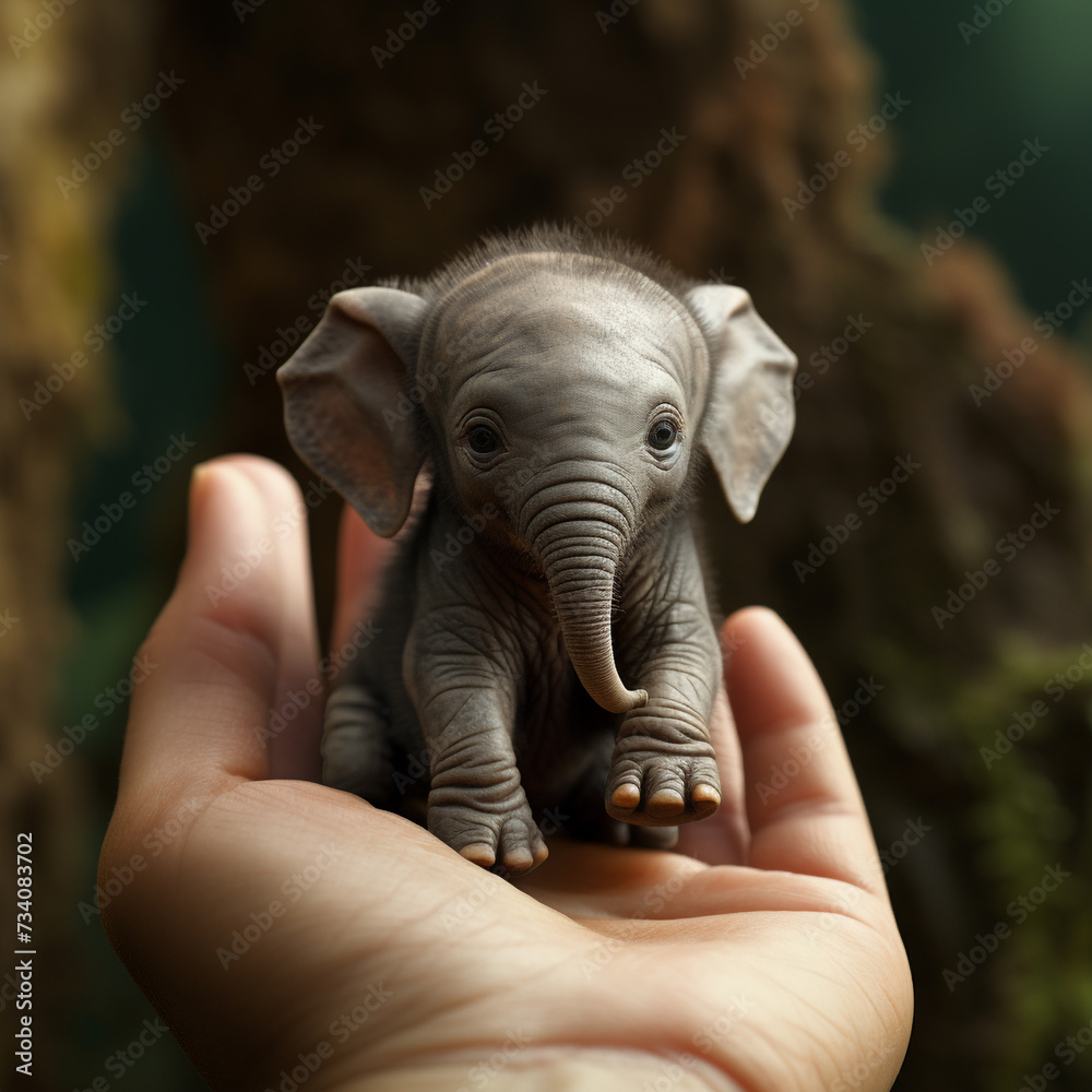 A tiny baby elephant resting on the tip of a woman's finger shows the ...