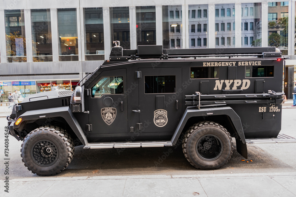 New York City, USA - November 11, 2023: Police emergency rescue vehicle ...
