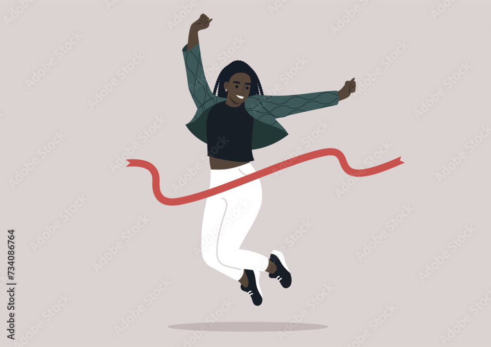 An animated character with a joyful expression crosses the finish line ...