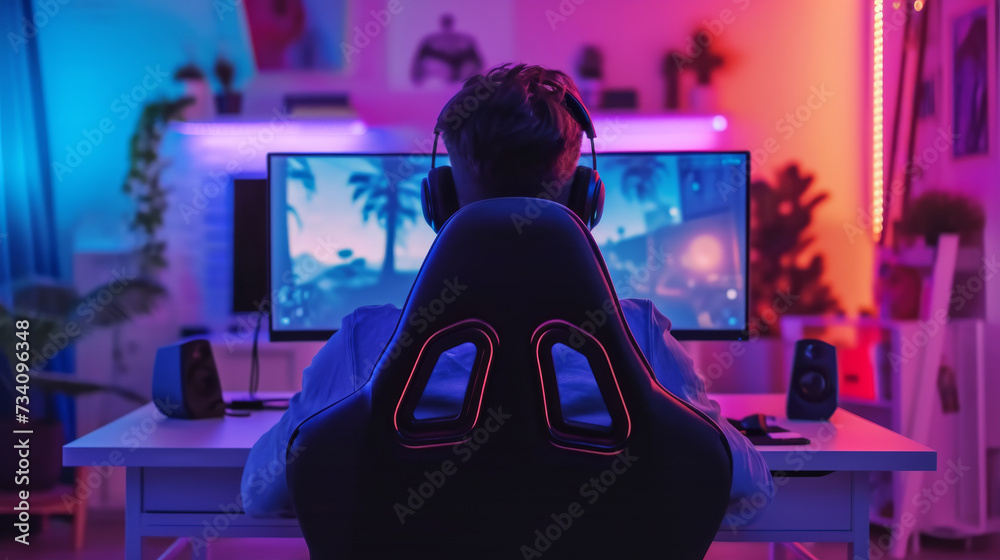 Back view of young man gamer using computer playing game brooding cast ...
