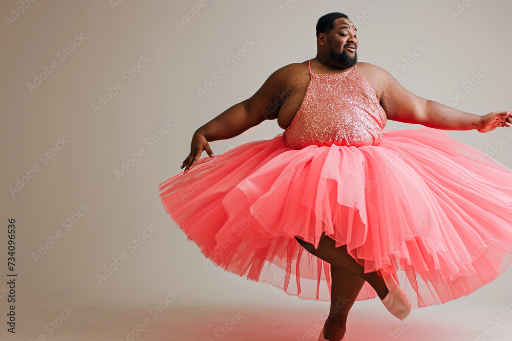 Funny man with big belly in fairy ballerina dress. Obese man in tutu ...