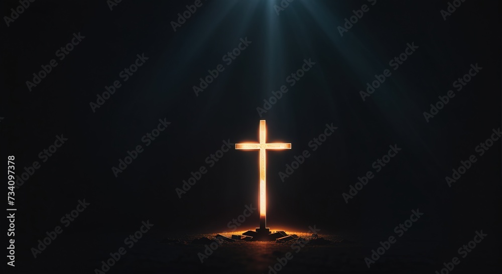 Glowing catholic cross, Surreal light beam sacral illustration Stock ...