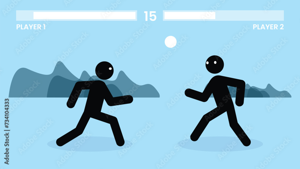 Stick figure fighter characters fighting inside a video game scene with ...