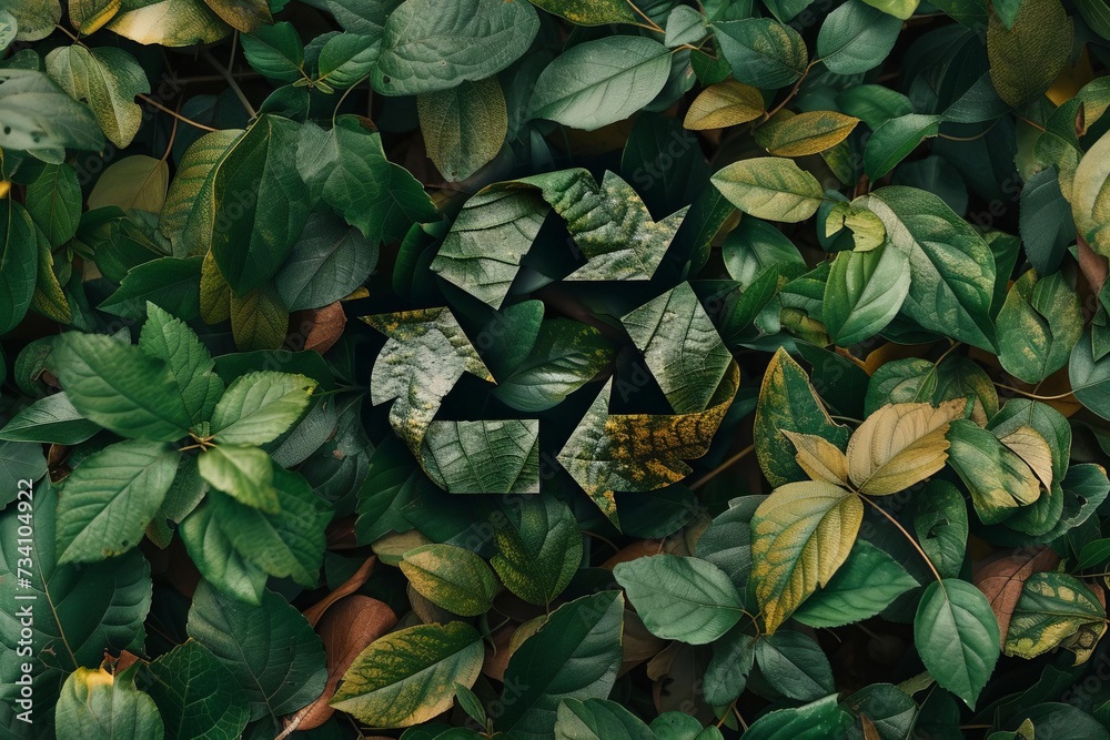 Eco-friendly concept with a green recycling symbol composed of real ...