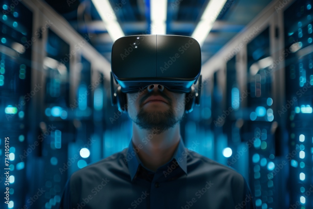 Man using VR headset in futuristic data center room. Data security ...