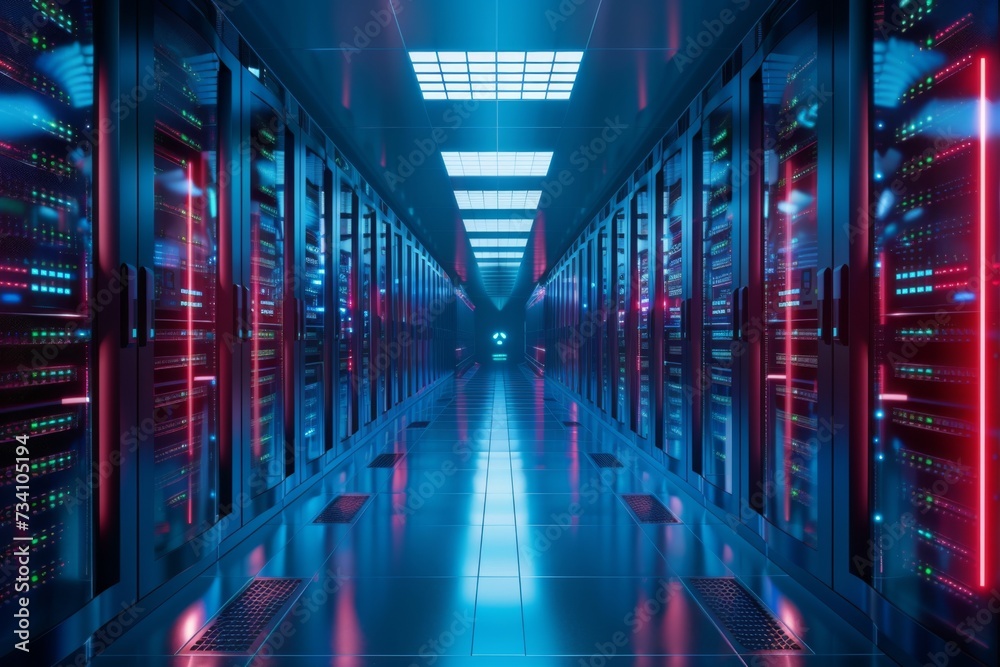Futuristic data center with blue lighting. Data security, cybersecurity ...