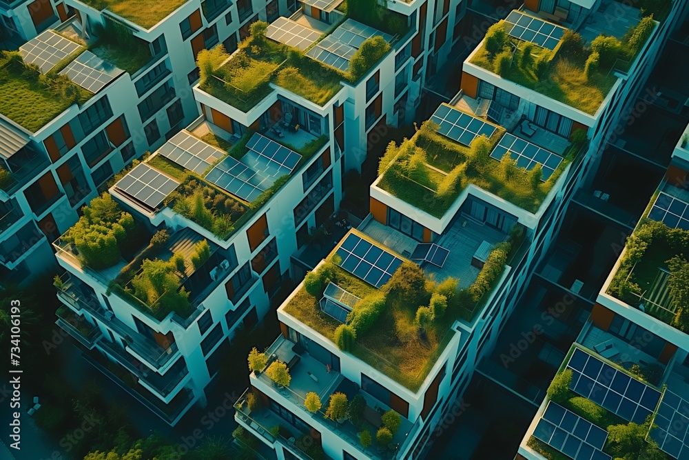 Modern apartment complex with green roofs and solar panels, urban ...