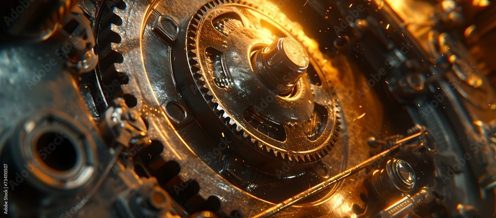 Intricate gears and cogs close-up. mechanical components in detail ...