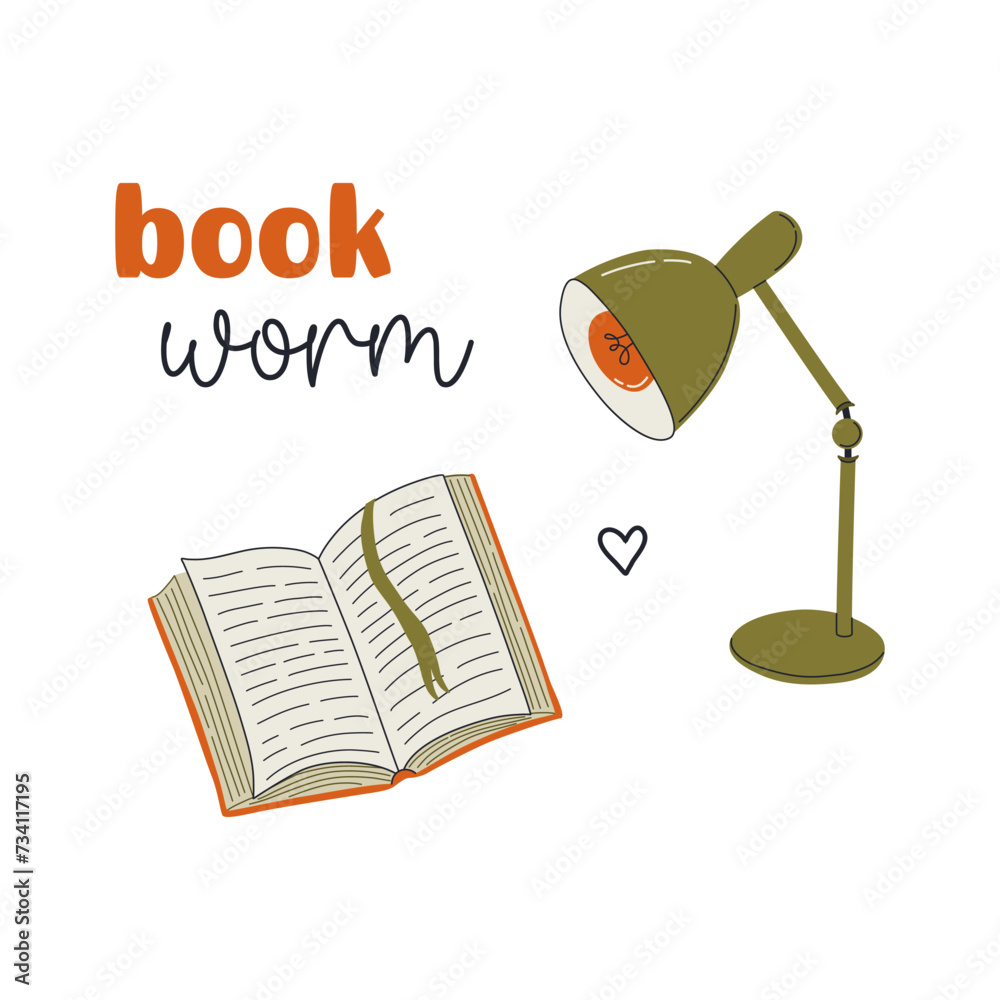 Bookworm.Cute composition with open book and table lamp. Literature and ...