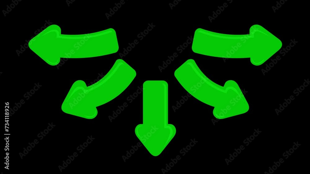 video animation green color arrows pointing to multiple directions, on ...