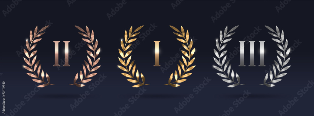 Vetor de Set of rank emblems - golden, silver and bronze laurel wreath ...