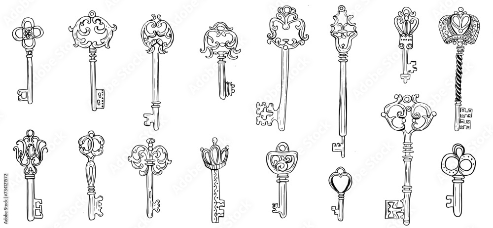 Vintage keys vector. Old antique key set sketch drawing, Hand drawn ...