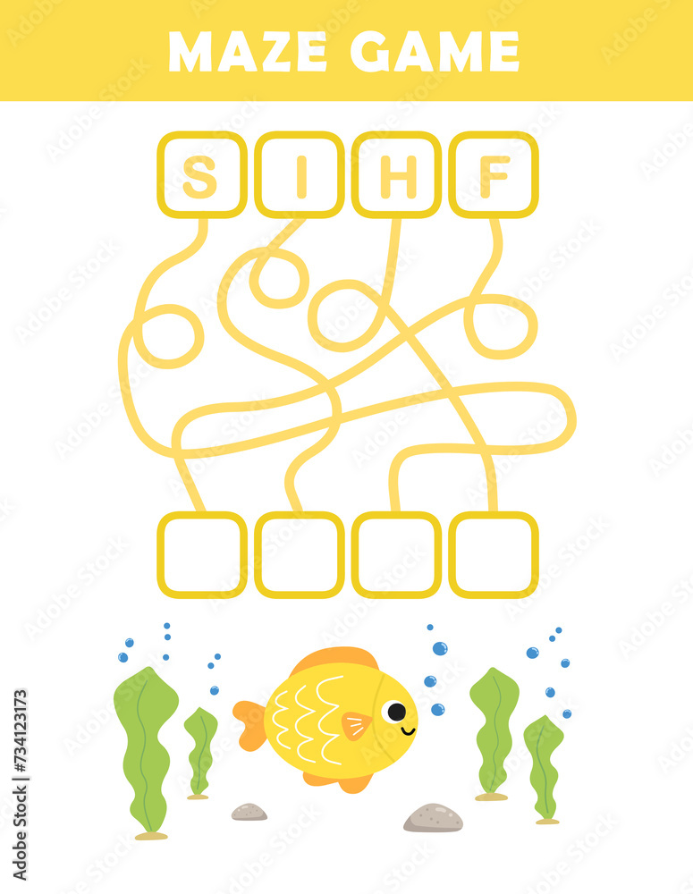 Word maze worksheet for kids with cute fish illustration. Labyrinth ...