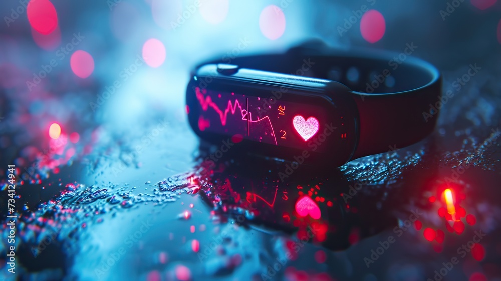 Fitness tracker on a wet surface displaying a heartbeat readout with a ...