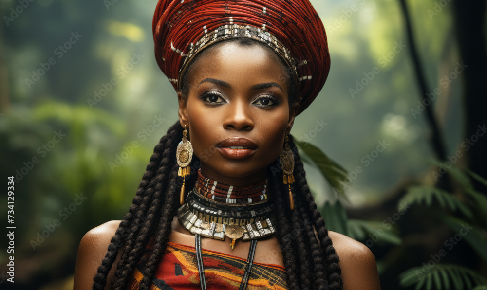 Regal African woman in traditional attire standing with a poised gaze ...