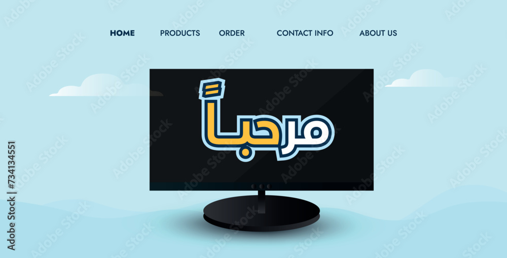 Marhaba. Welcome banner in cyan background with computer screen, big ...